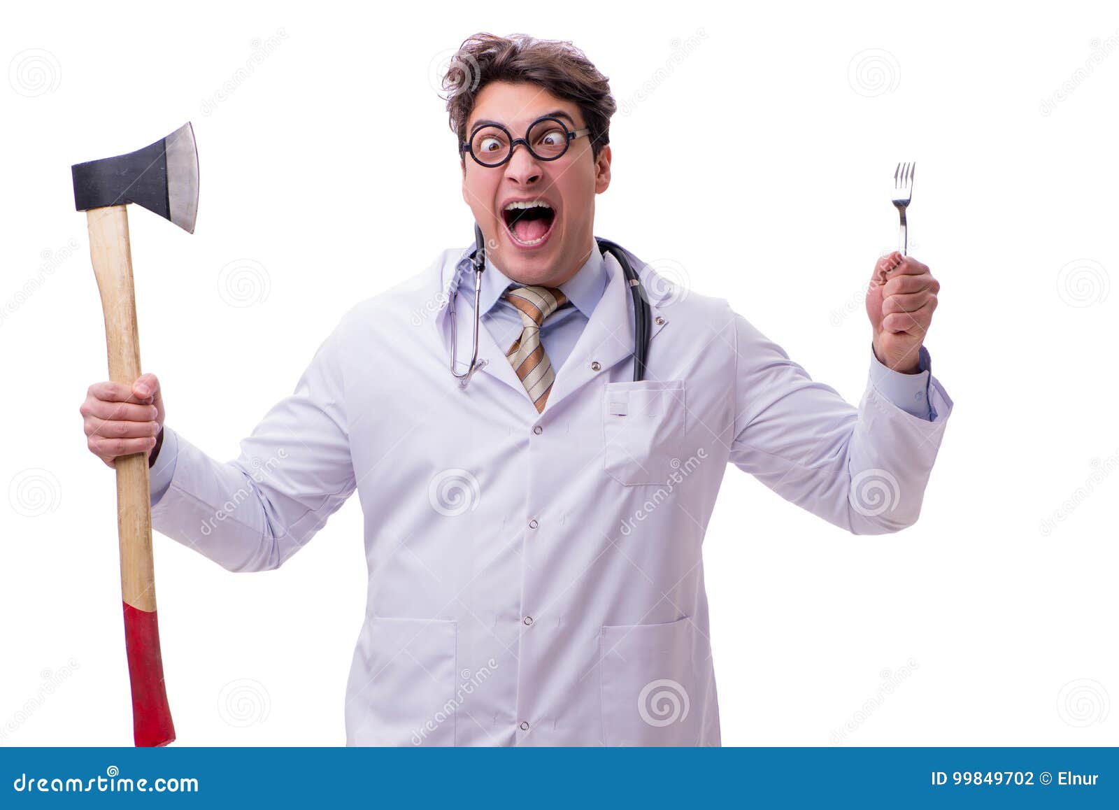 The Funny Doctor with Axe Isolated on White Stock Photo - Image of fork ...