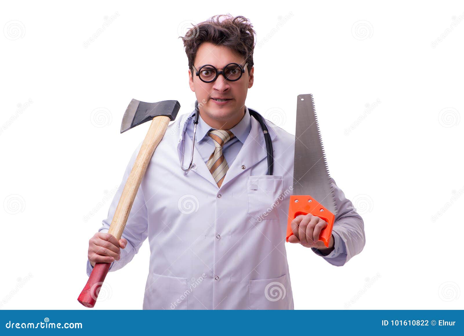The Funny Doctor with Axe and Saw Isolated on White Stock Photo - Image ...