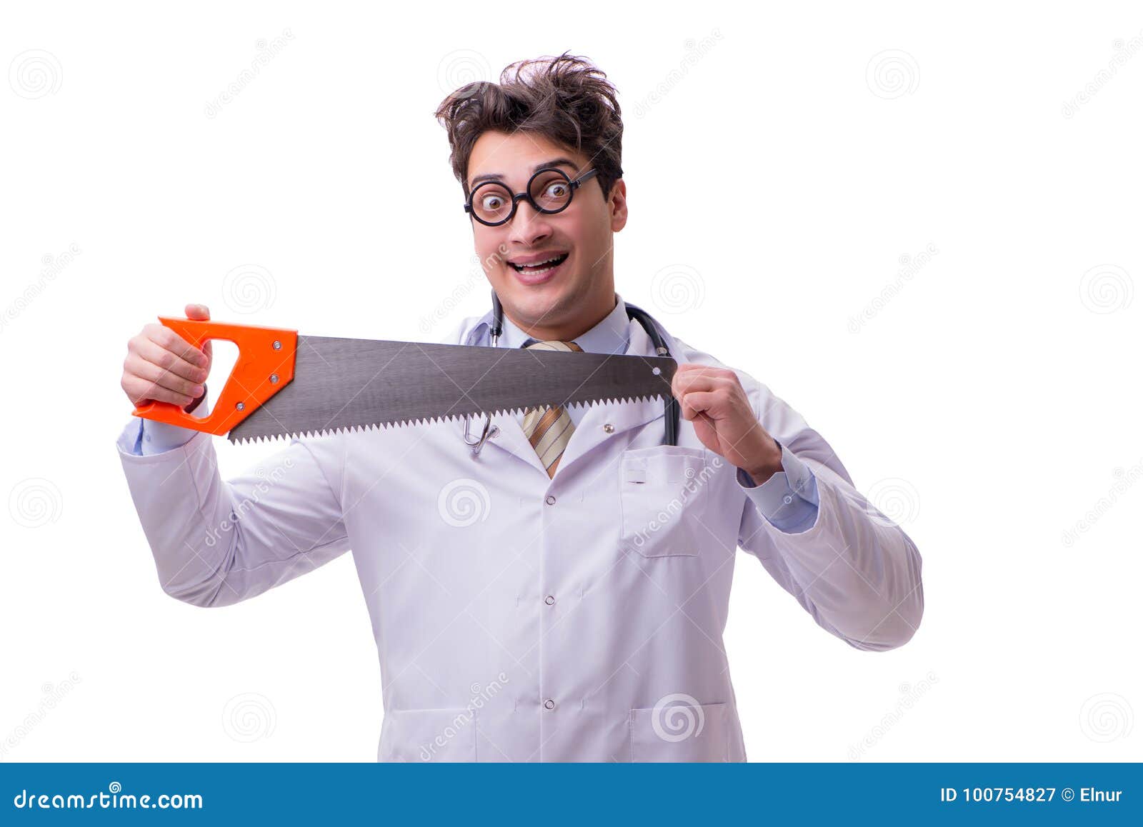 The Funny Doctor with Saw Isolated on White Stock Image - Image of ...