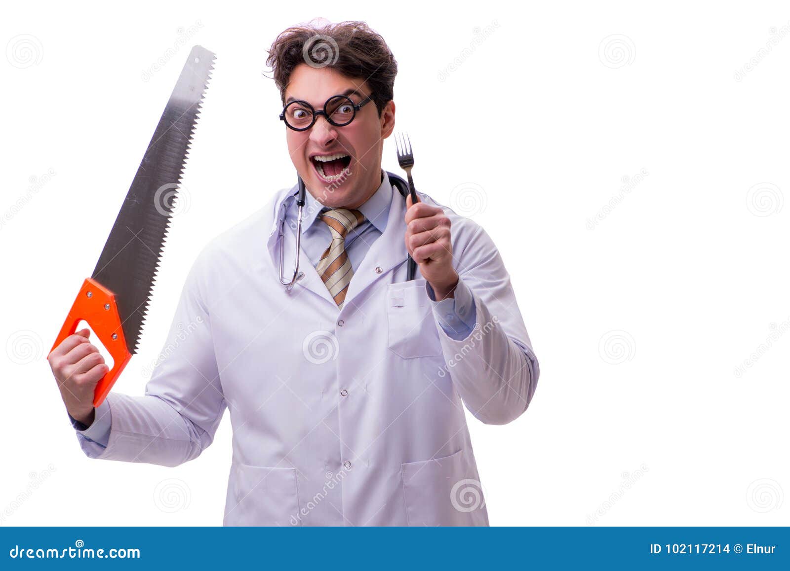The Funny Doctor with Saw Isolated on White Stock Photo - Image of ...