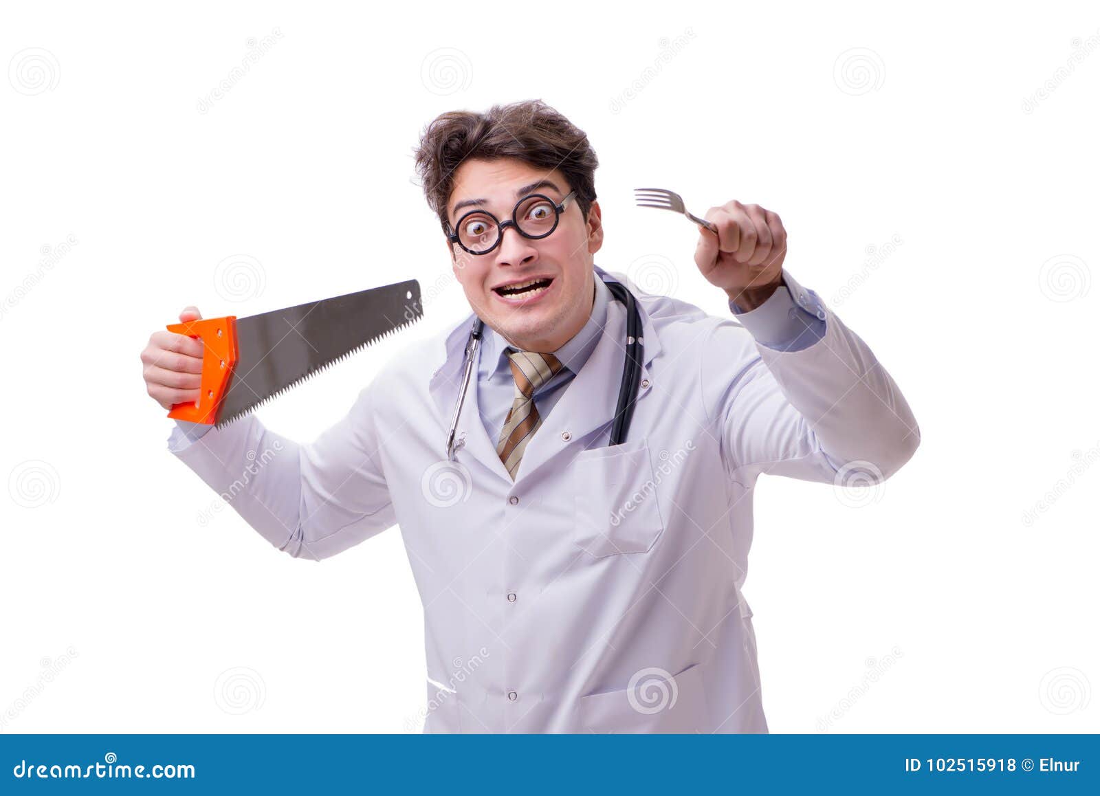 The Funny Doctor with Saw Isolated on White Stock Photo - Image of ...