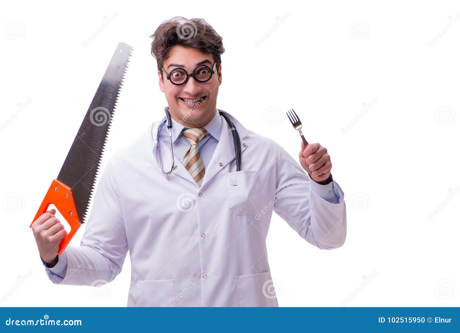 The Funny Doctor with Saw Isolated on White Stock Photo - Image of evil ...