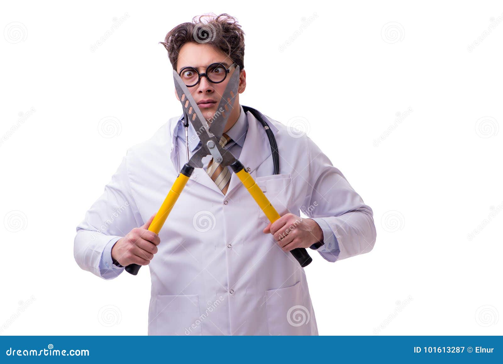 The Funny Doctor with Shears Isolated on White Stock Image - Image of ...