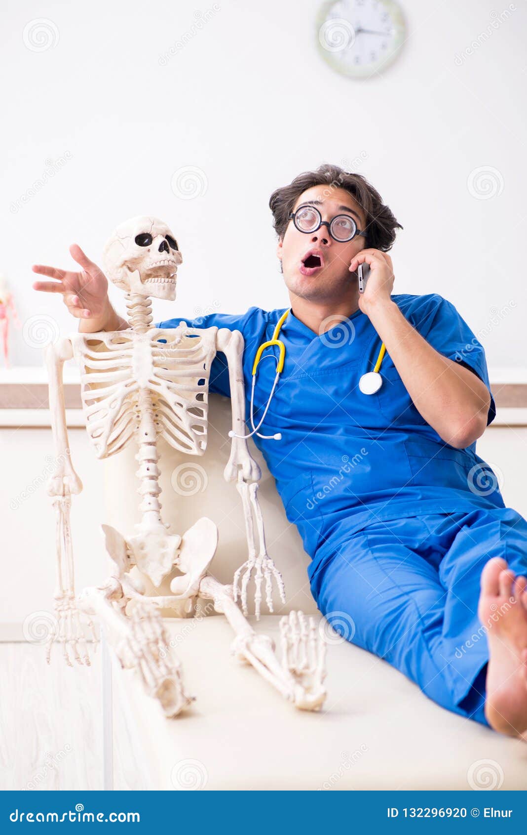 The Funny Doctor with Skeleton in Hospital Stock Photo - Image of joint ...
