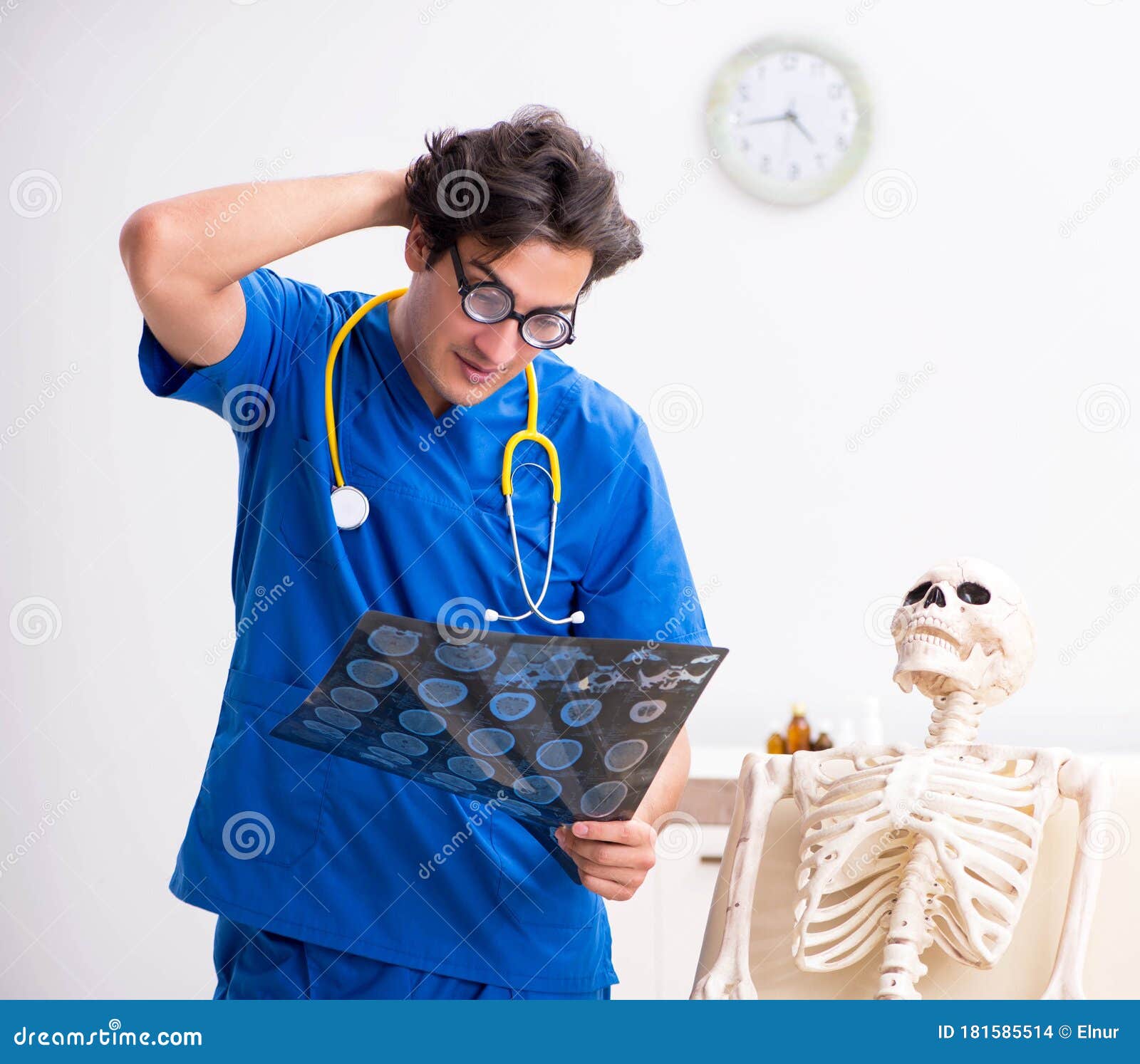 Funny Doctor with Skeleton in Hospital Stock Photo - Image of medic ...