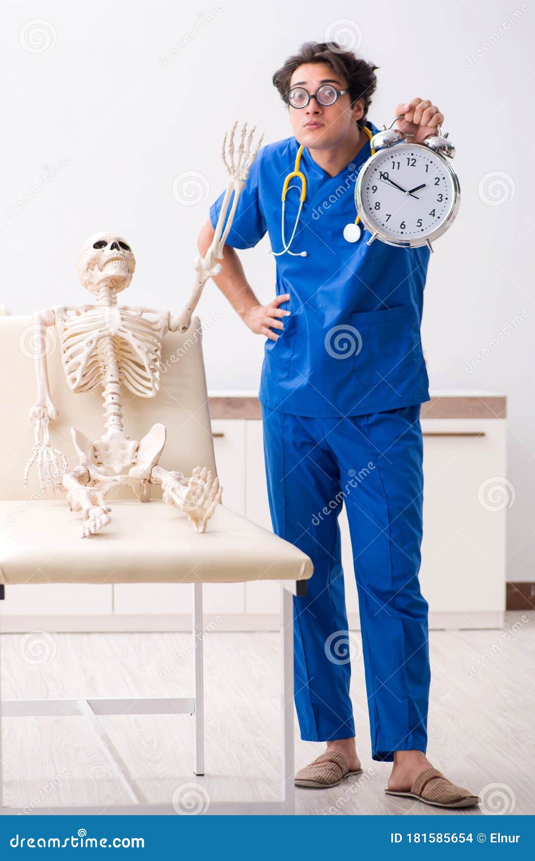 Funny Doctor with Skeleton in Hospital Stock Photo - Image of human ...