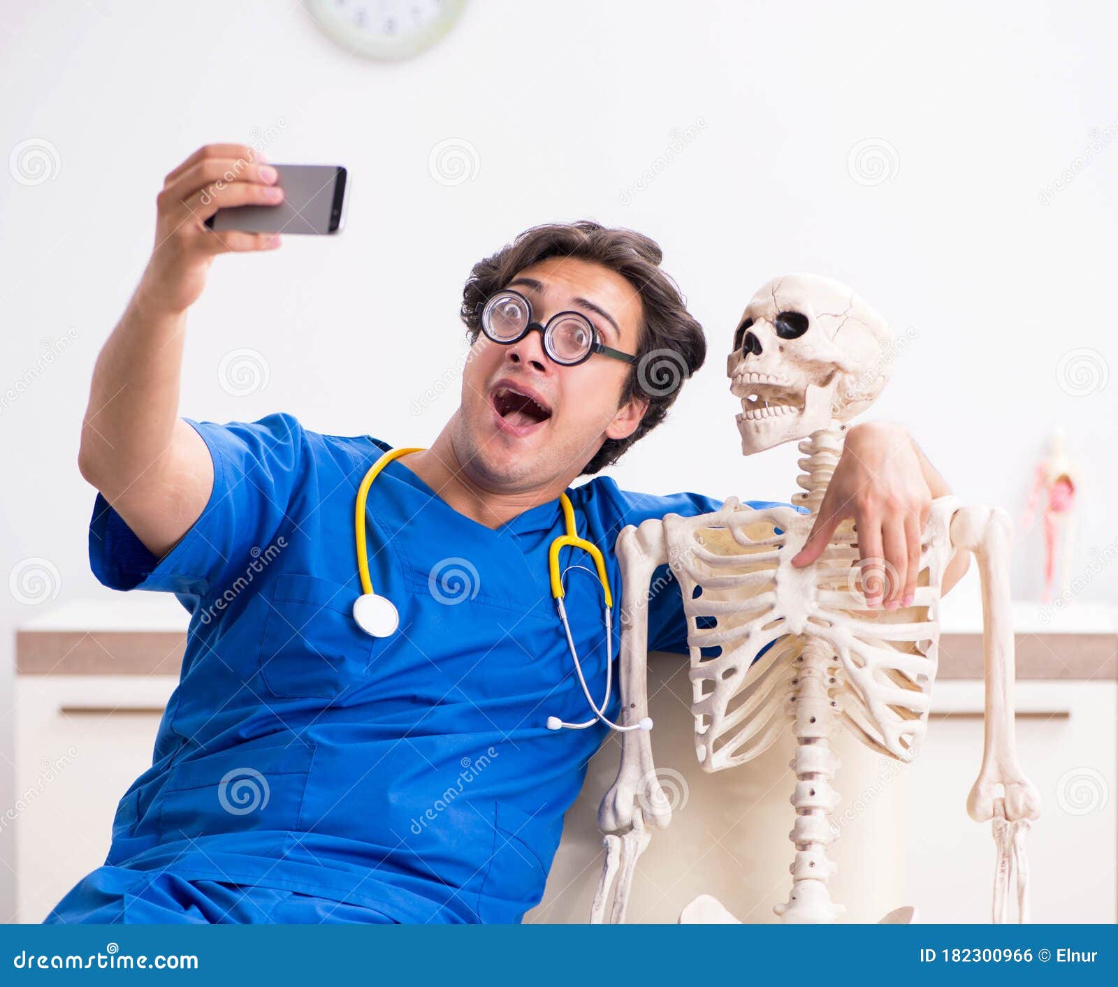 Funny Doctor with Skeleton in Hospital Stock Photo - Image of comic ...