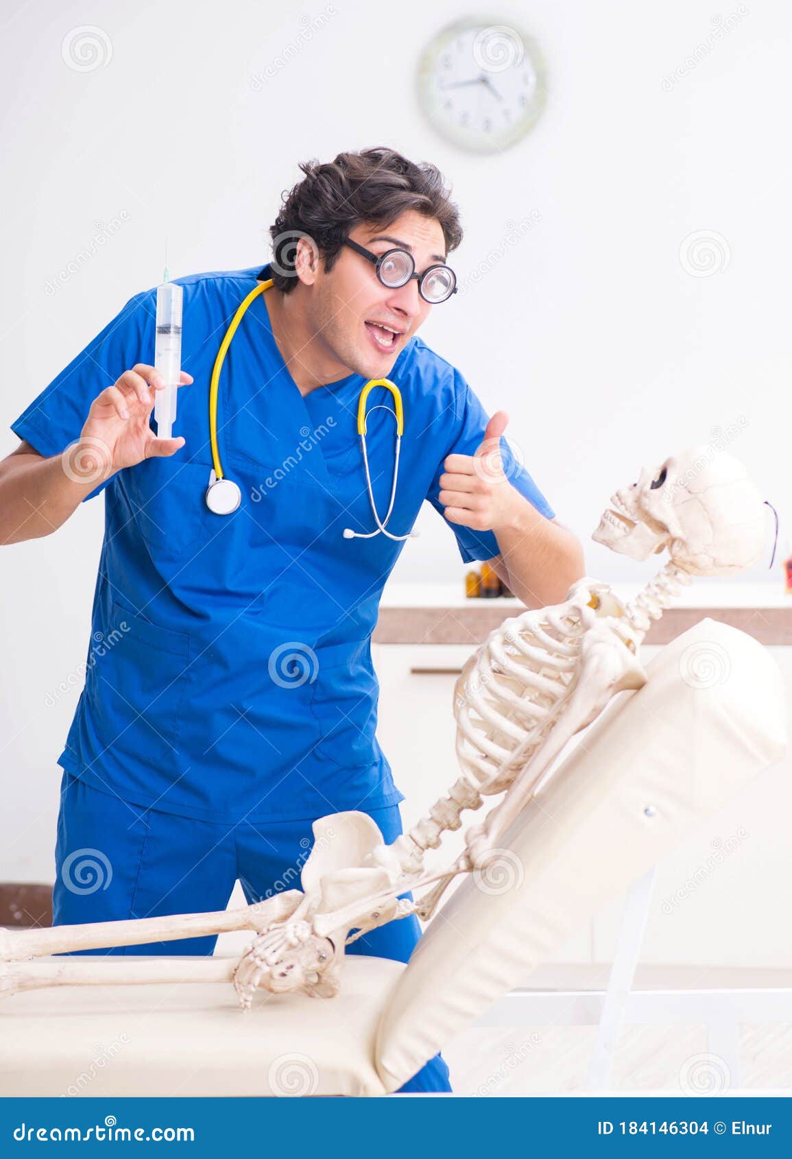 Funny Doctor with Skeleton in Hospital Stock Photo - Image of late ...