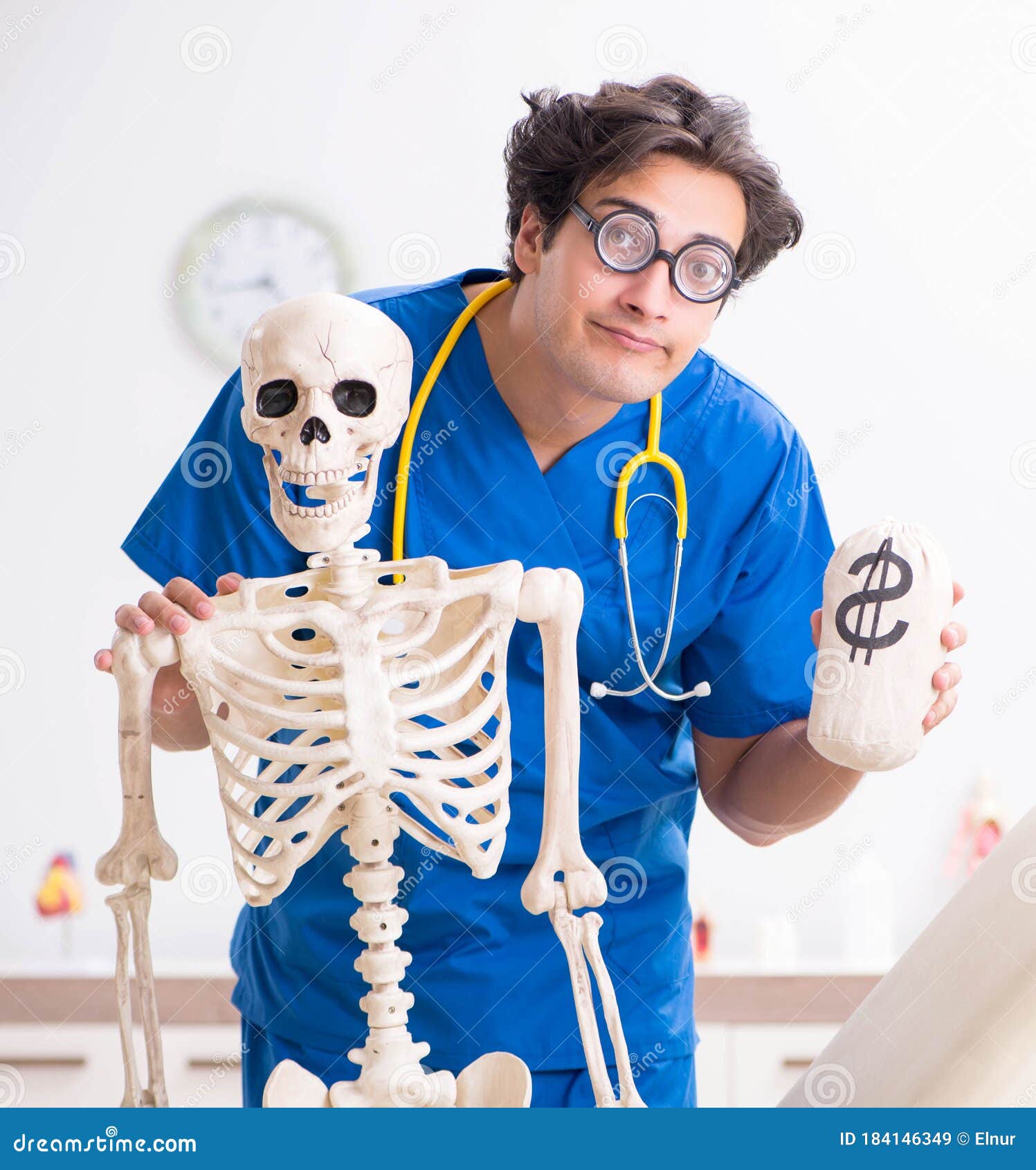 Funny Doctor with Skeleton in Hospital Stock Image - Image of moneybag ...