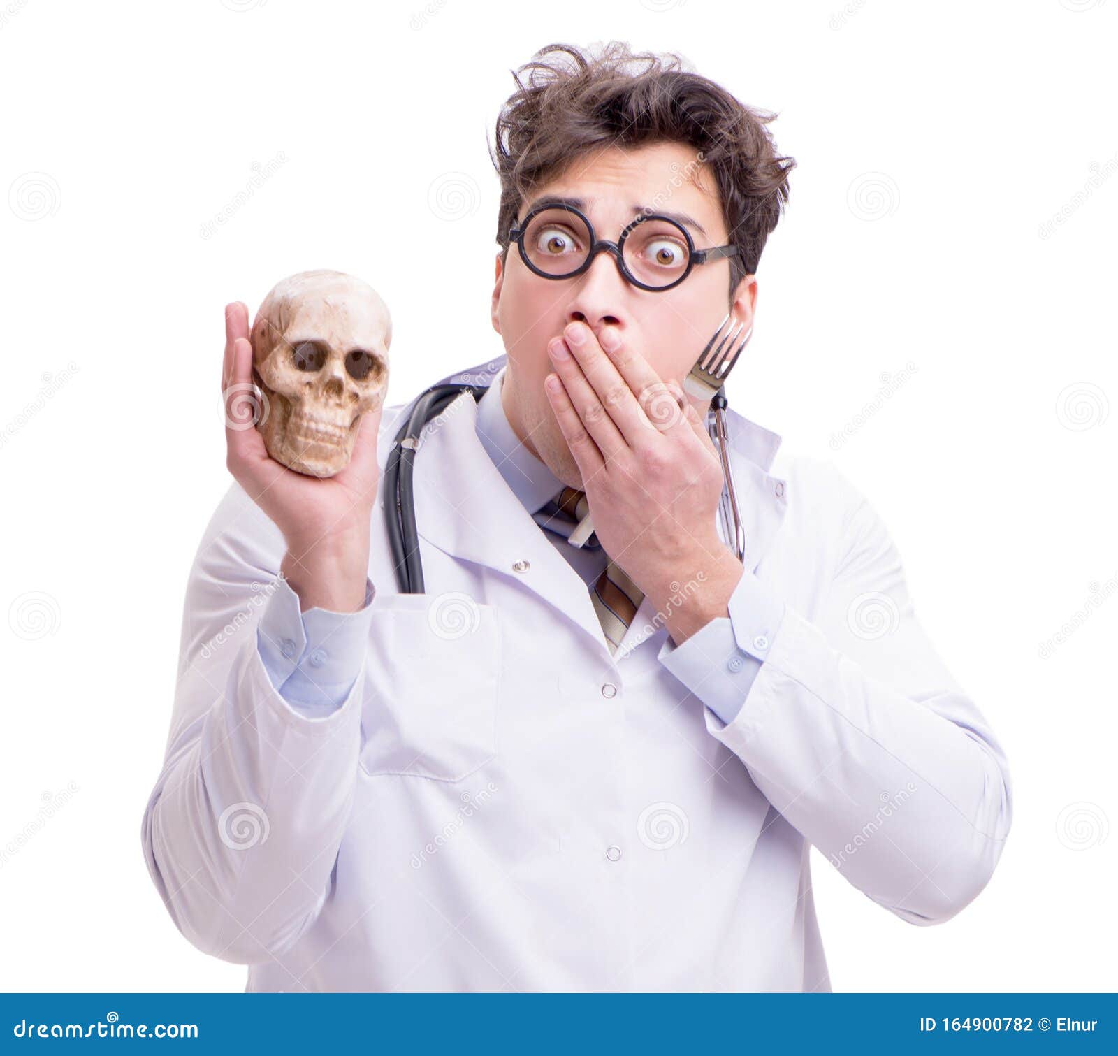 Funny Doctor with Skull Isolated on White Stock Photo - Image of humour ...