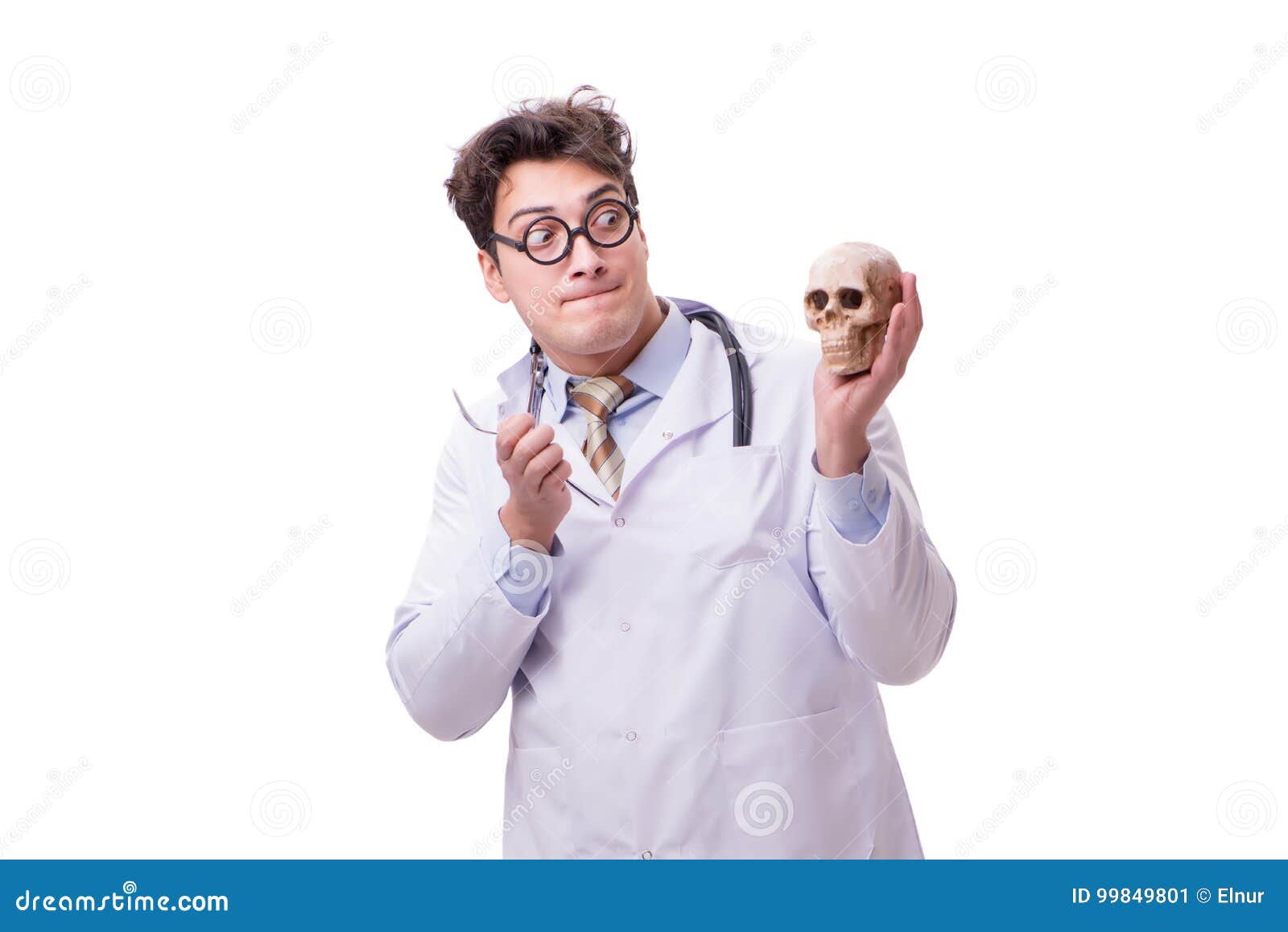 The Funny Doctor with Skull Isolated on White Stock Image - Image of ...