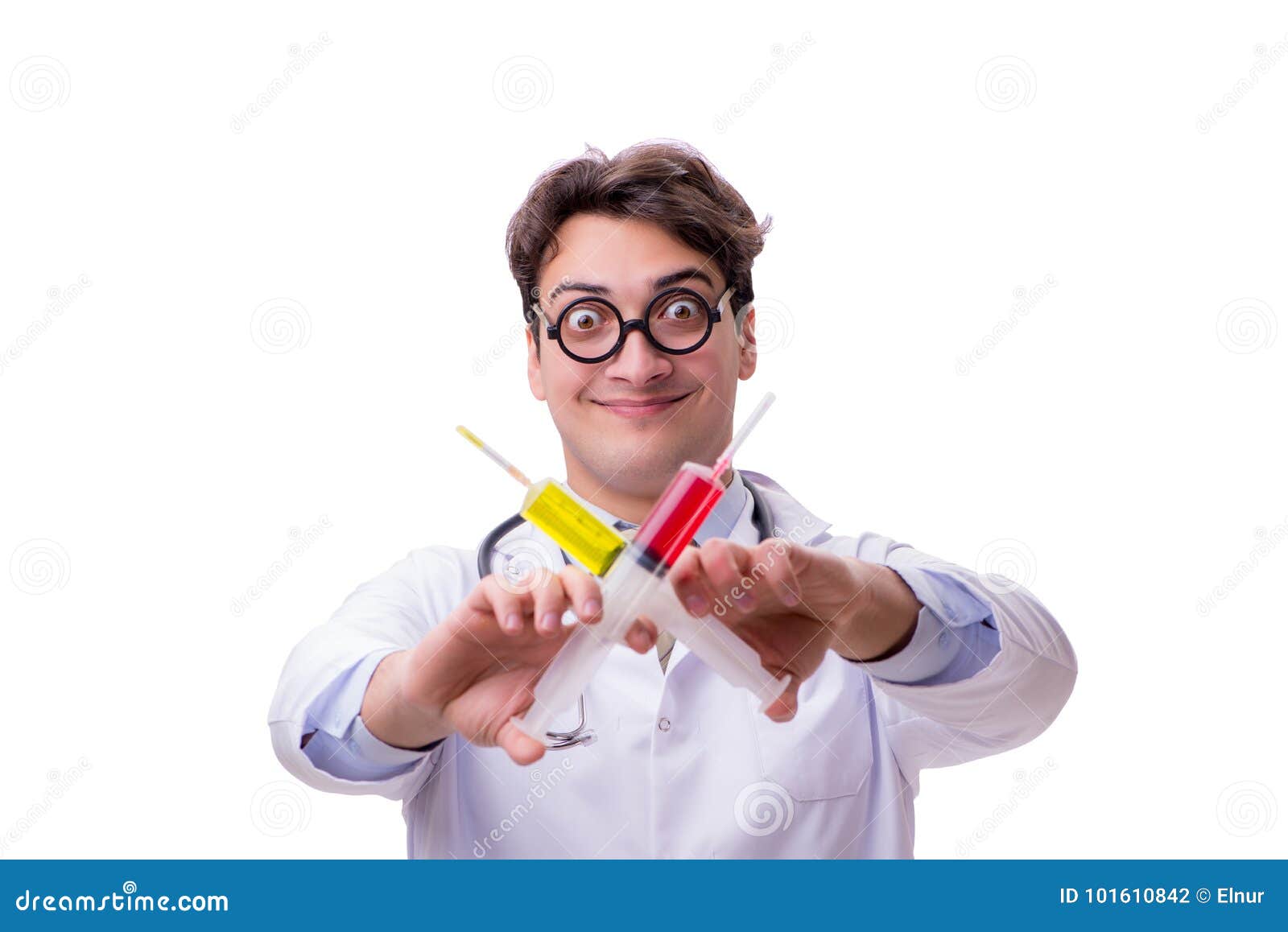 The Funny Doctor with Syringe Isolated on White Stock Photo - Image of ...