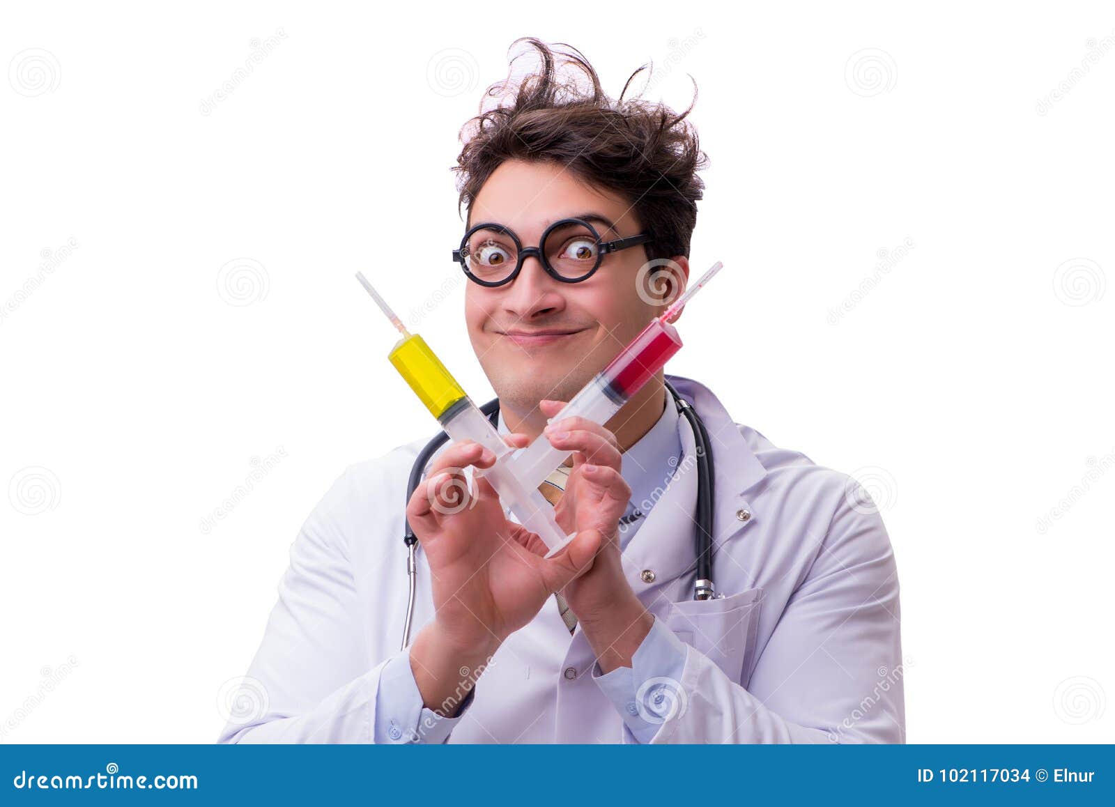 The Funny Doctor with Syringe Isolated on White Stock Photo - Image of ...