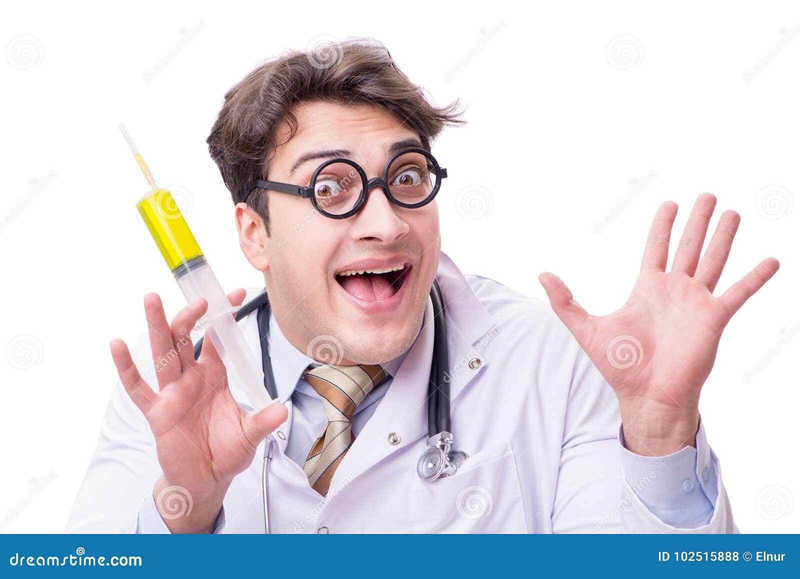 The Funny Doctor with Syringe Isolated on White Stock Photo - Image of ...