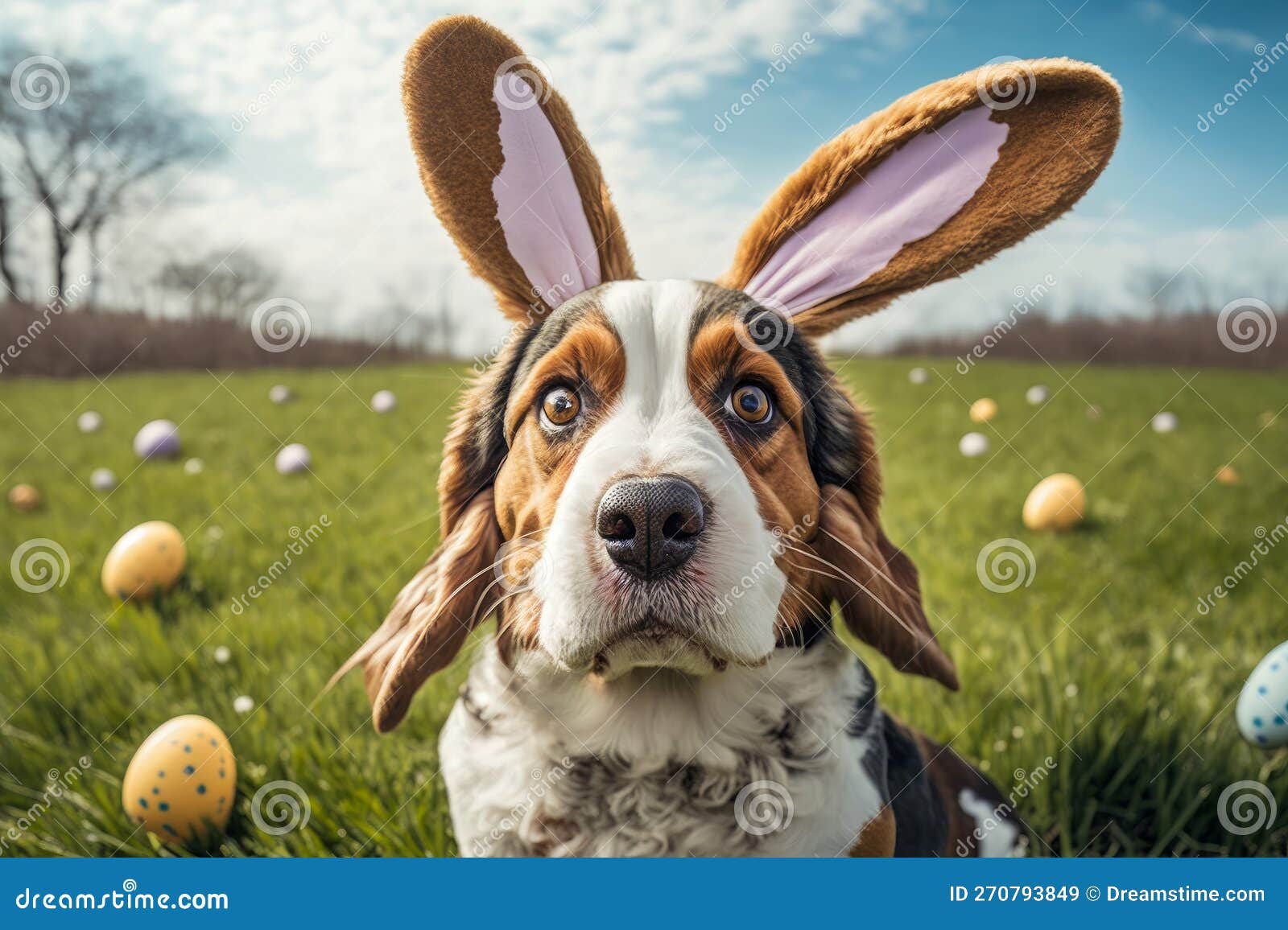 Funny Dog with Easter Bunny Ears on Green Field Stock Illustration ...