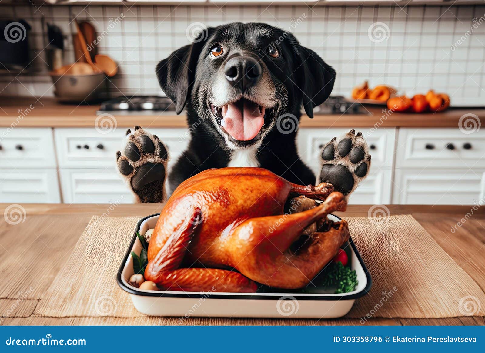 Funny Dog Looking at Cooked Chicken in the Kitchen. Stock Photo - Image ...