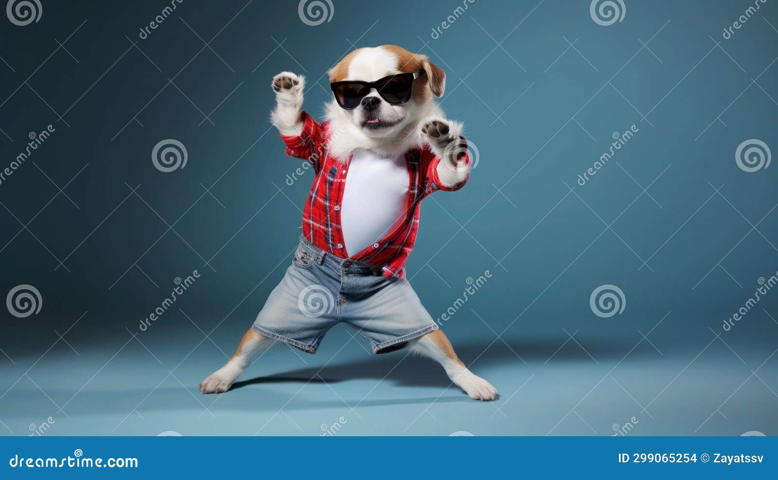 Funny Dog Pug in Clothes and Sunglasses Dancing in the Studio on a ...