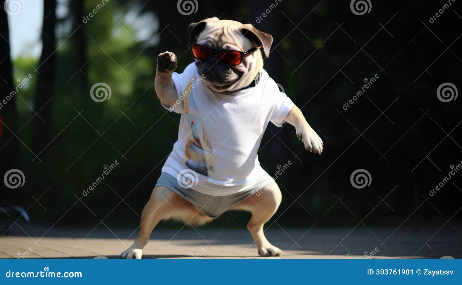 Funny Dog Pug in Clothes and Sunglasses Dancing in the Studio on a ...
