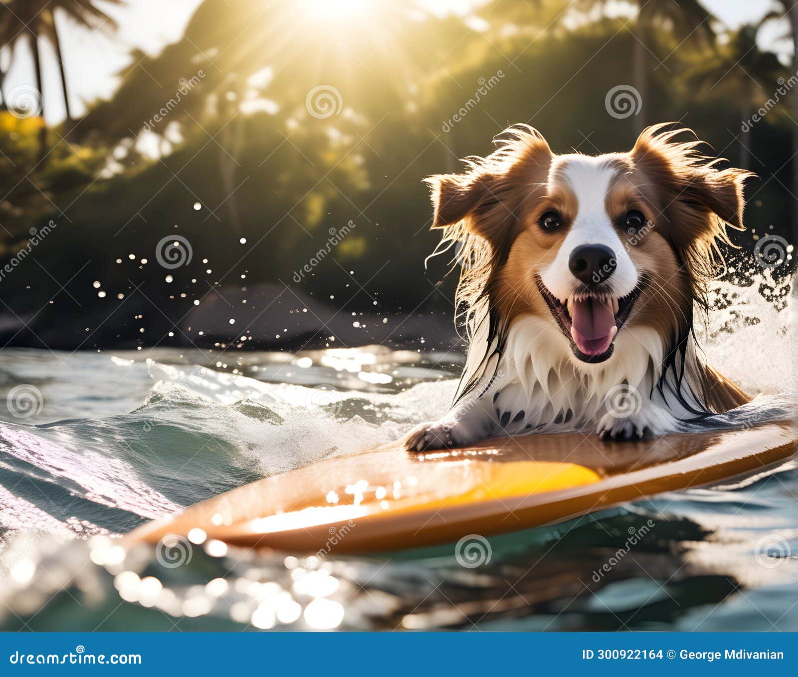 Funny Dog on Surf Board in Sea Stock Illustration - Illustration of ...