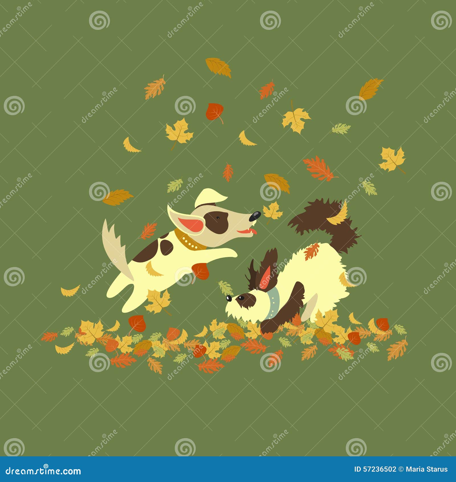 Funny Dogs Playing With Autumn Leaves Stock Vector - Image: 57236502