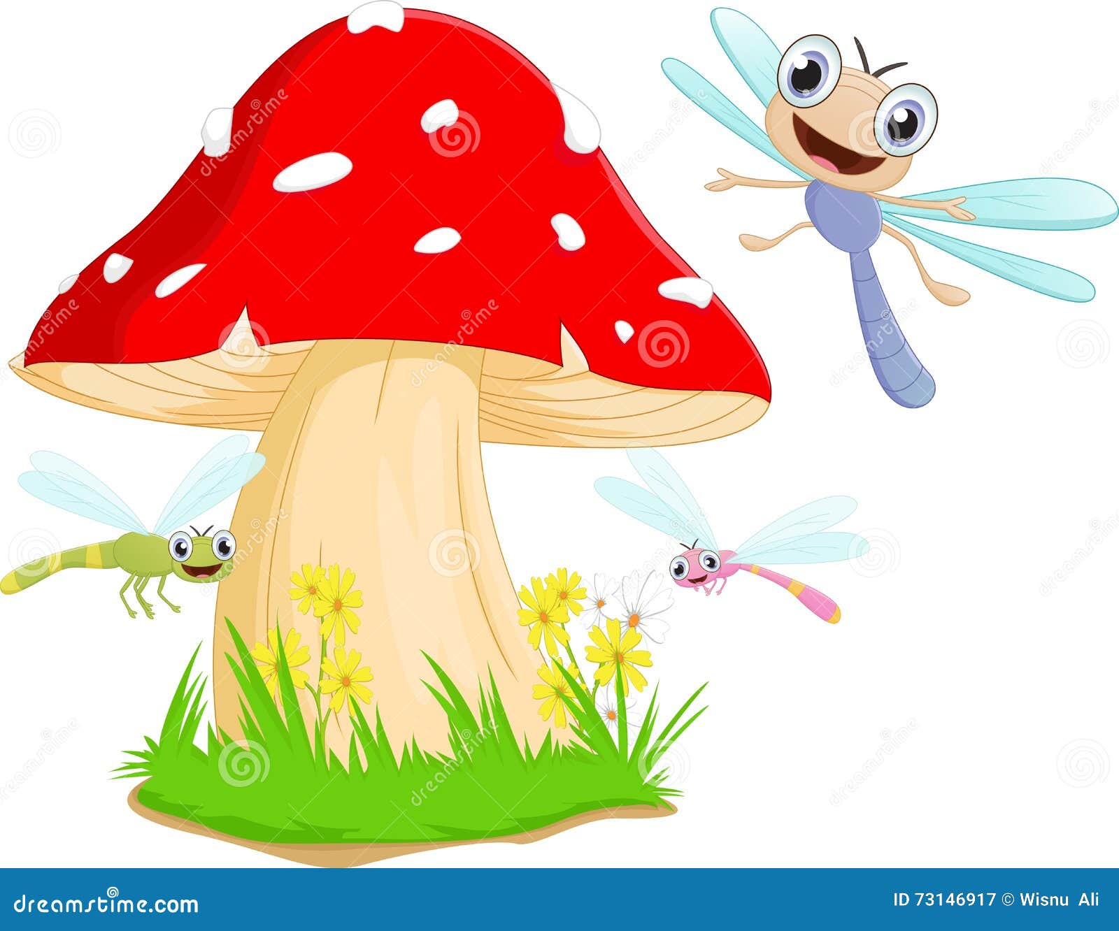 Funny Dragonfly Cartoon with Red Mushroom Stock Vector - Illustration ...