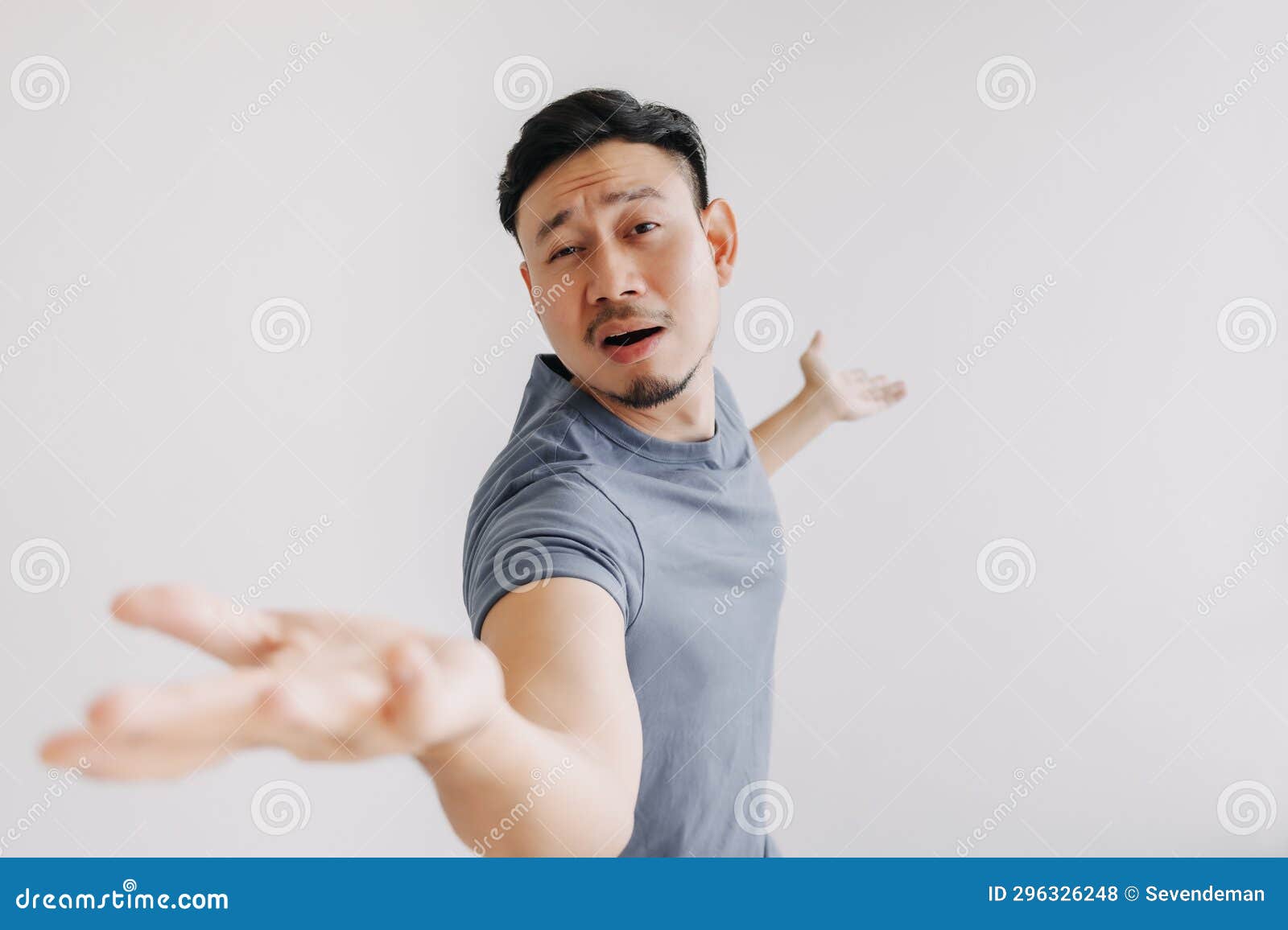 Funny and Dramatic Asian Man is Showing and Offer Hands Stand on White ...