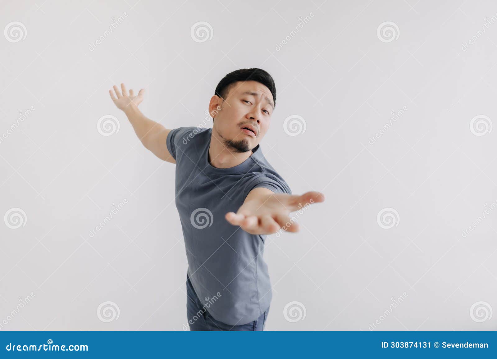 Funny and Dramatic Asian Man is Showing and Offer Hands Stand Isolated ...