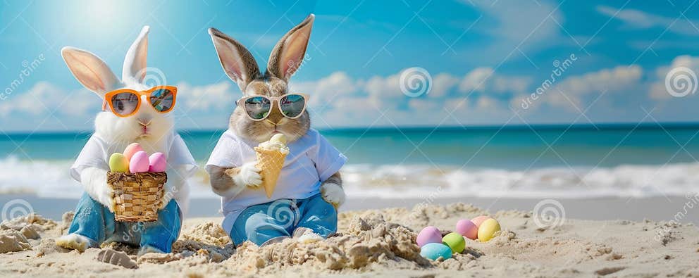 Funny Easter Bunnies Enjoying Ice Cream On Sunny Beach With Blue Sky