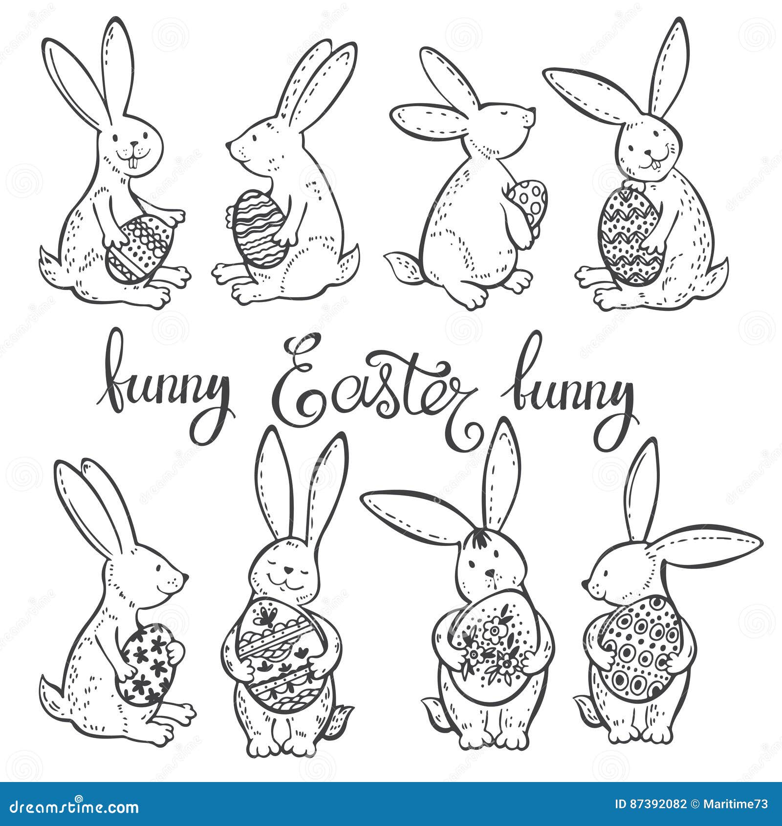 Funny Easter Bunnies with Festive Decorative Eggs. Vector Illustration ...