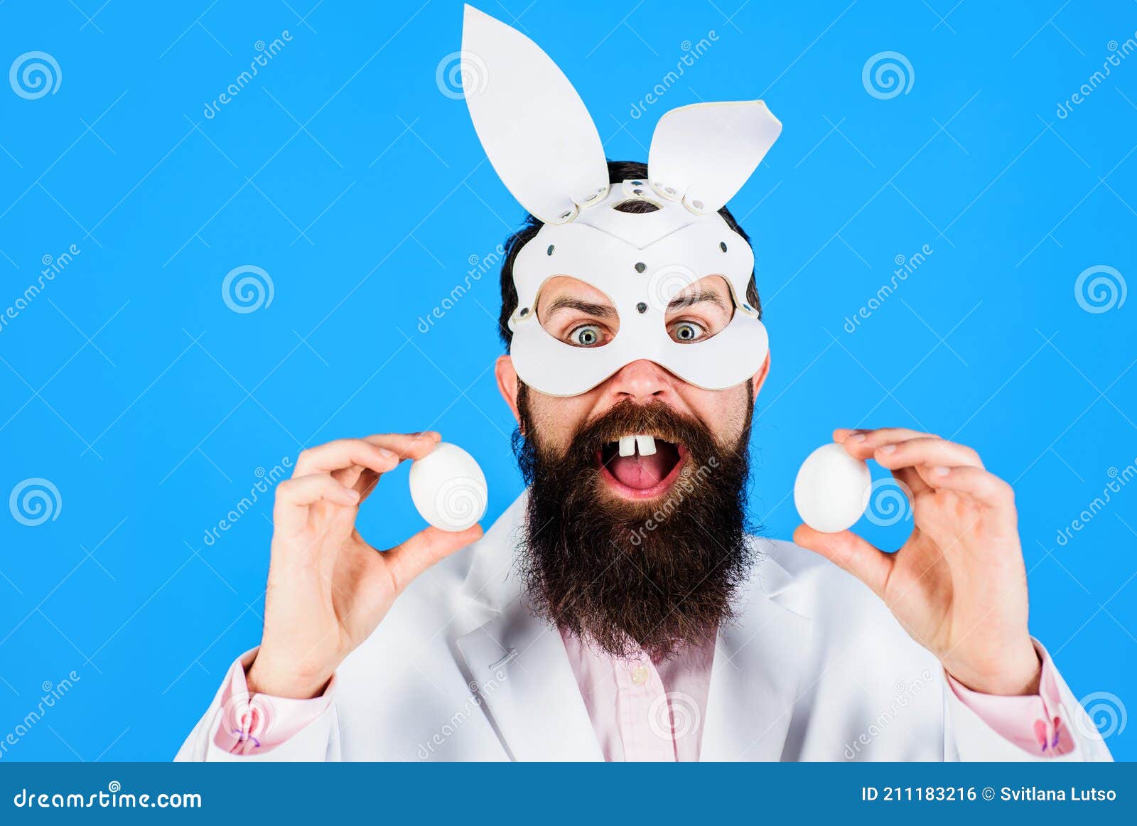Funny Easter Man with White Eggs. Egg Hunt. Easter Bunny Guy with ...