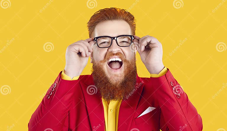 Funny Eccentric Bearded Fat Man Wearing Eyeglasses Laughing Out Loud On