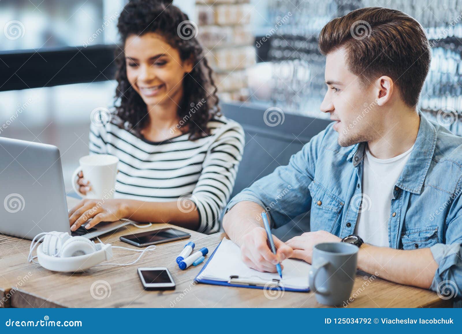 Optimistic Two Students Performing Task Stock Photo - Image of ...
