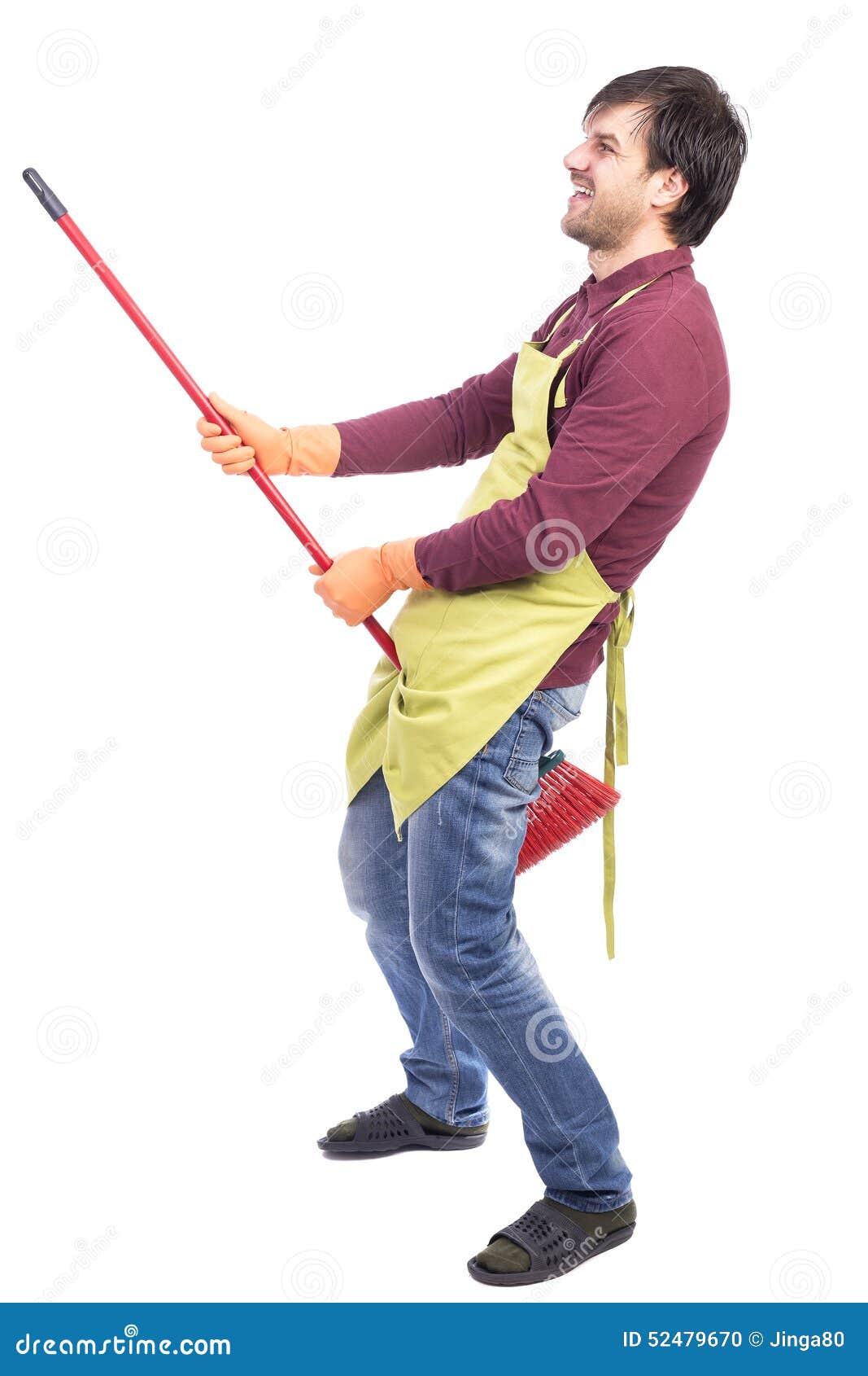 Funny Energetic Young Man Playing with Broom during the Cleanin Stock ...