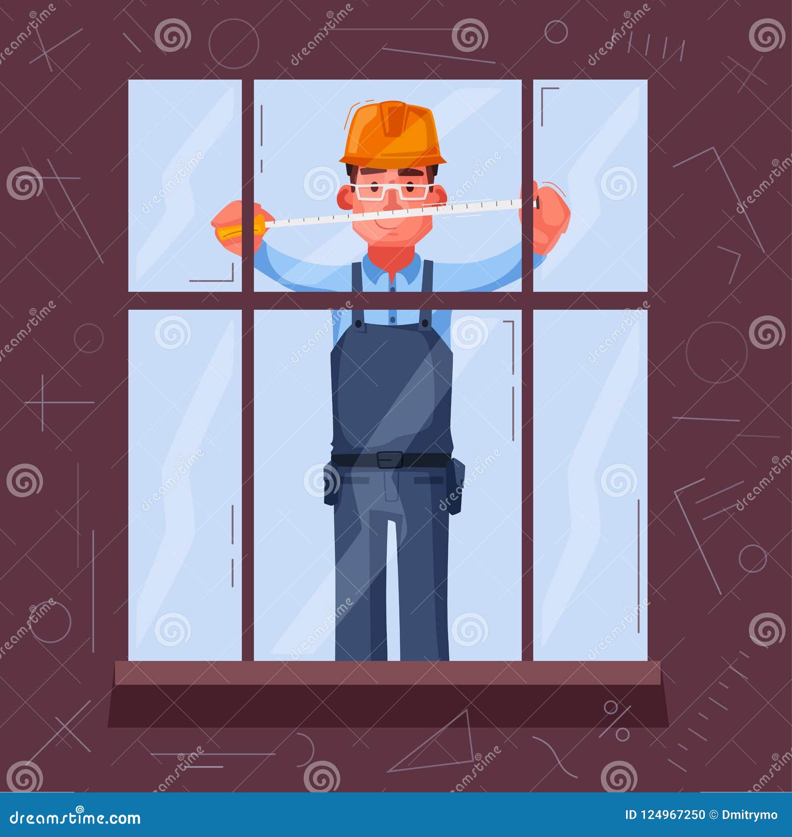 Funny Engineer is Measures a Window. Employee is Working Stock Vector ...