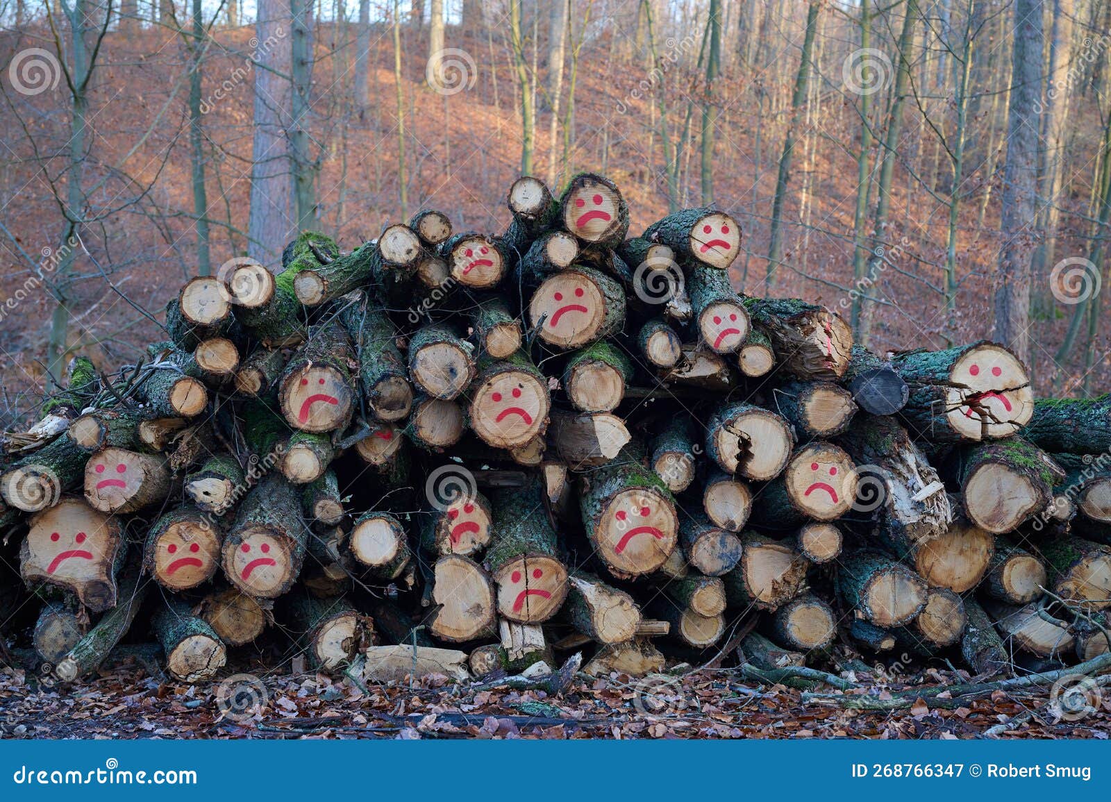 Funny Face on a Pile of Firewood in the Forest. Stock Image - Image of ...