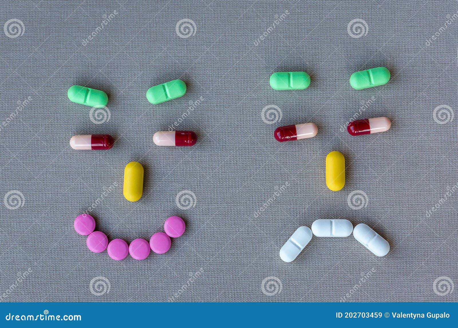 Funny Faces Made from Different Colorful Pills. Smiling and Sad Face ...