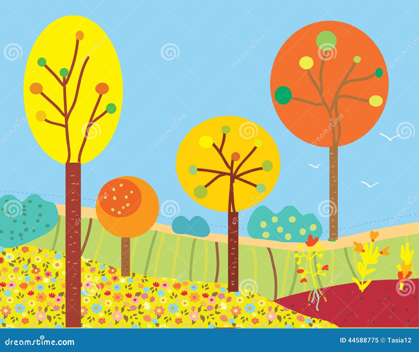 Funny Fall Landscape with Flowers and Trees Stock Vector - Illustration ...