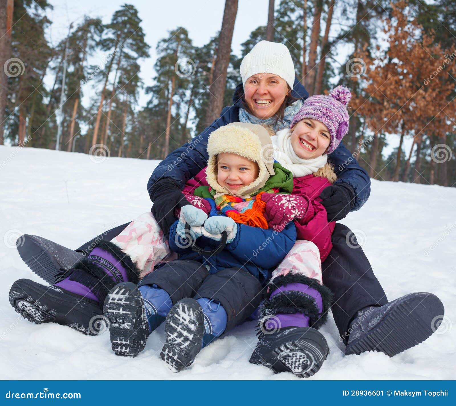 Funny Family is Sledging in Winter-landscape Stock Image - Image of ...