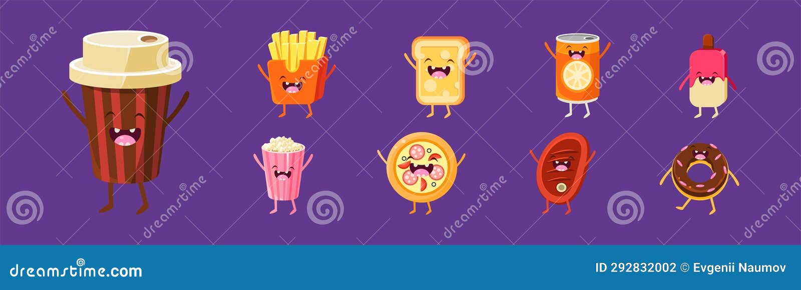 Funny Fast Food Character with Happy Smiling Faces Vector Set Stock ...