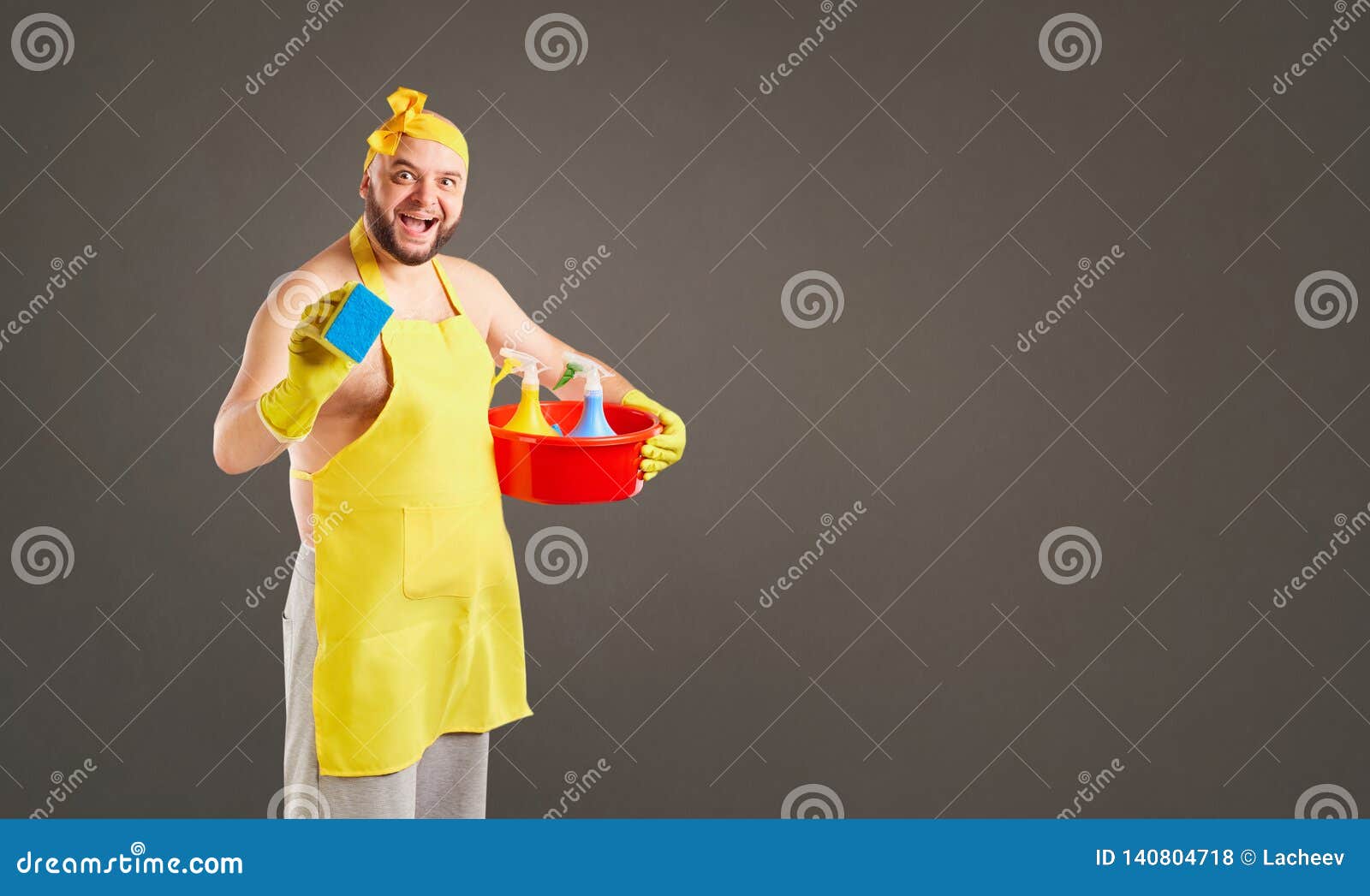 Funny Fat Cleaning Man in an Apron on Cleaning. Stock Photo - Image of ...