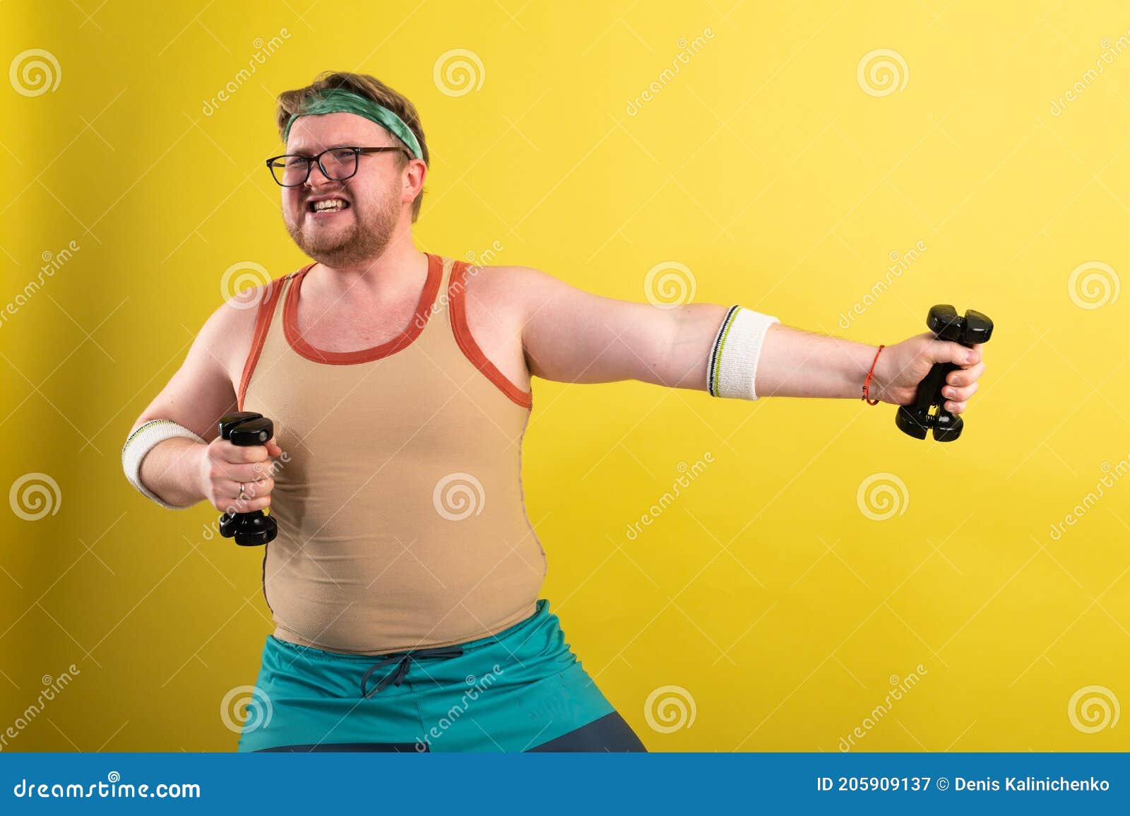 Funny Fat Man Doing Exercises with Dumbbells. Overweight Stock Image ...