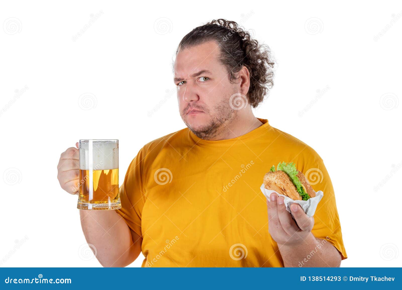 Funny Fat Man Eating Burger and Drinking Alcohol Beverage on White ...
