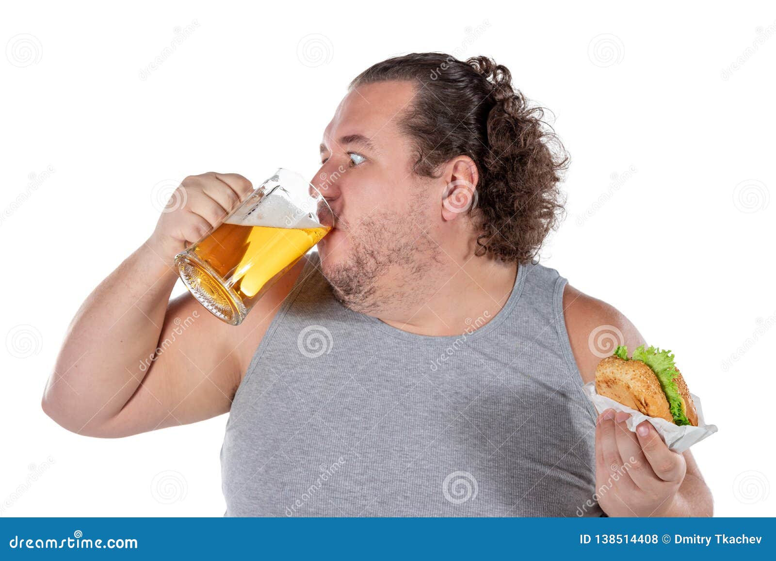 Funny Fat Man Eating Burger and Drinking Alcohol Beverage on White ...