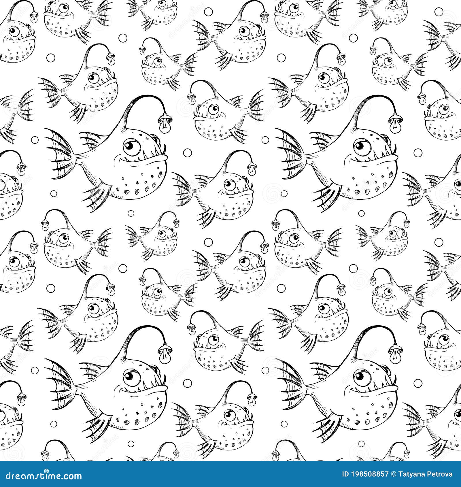 Funny Fish Pattern. Hand Drawn Fishes with Flashlights in a Cartoon ...