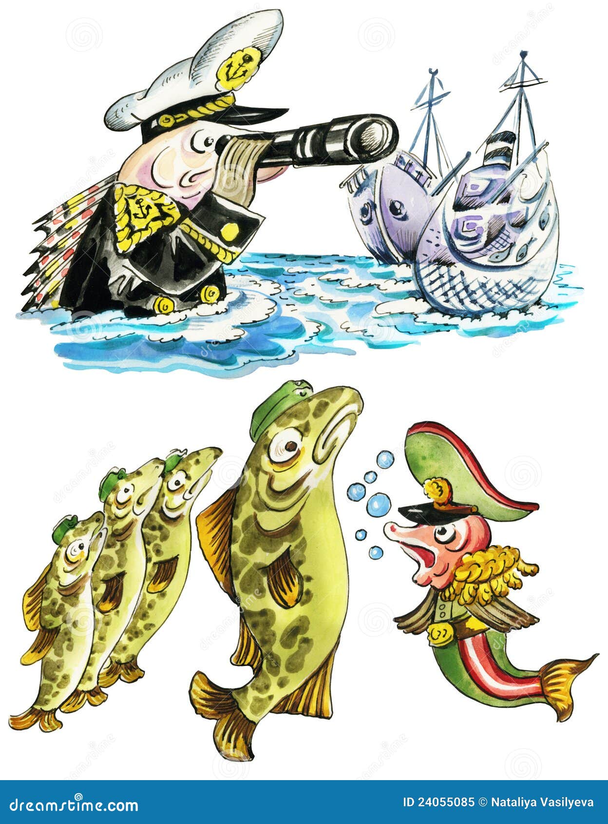 Funny Fishes in Navy Uniform Stock Illustration - Illustration of order ...
