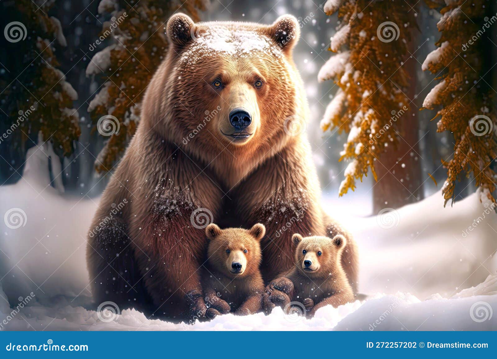 Funny Fluffy Bear with Cubs Sitting in Snow by Spruce Stock Photo ...