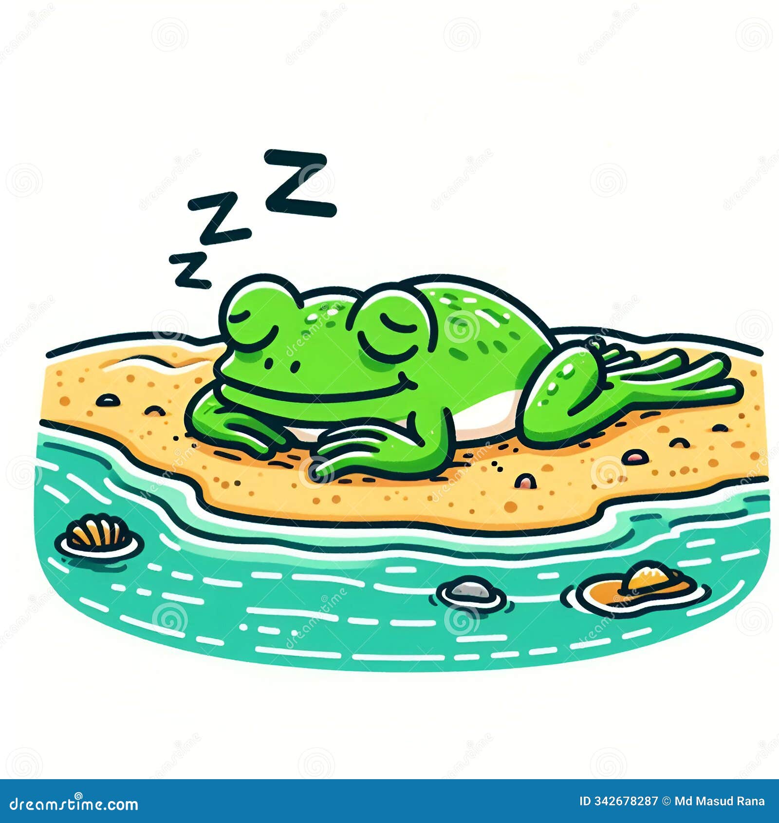 Funny Frog Sleeping beside the Sea Beach on the White Background Stock ...