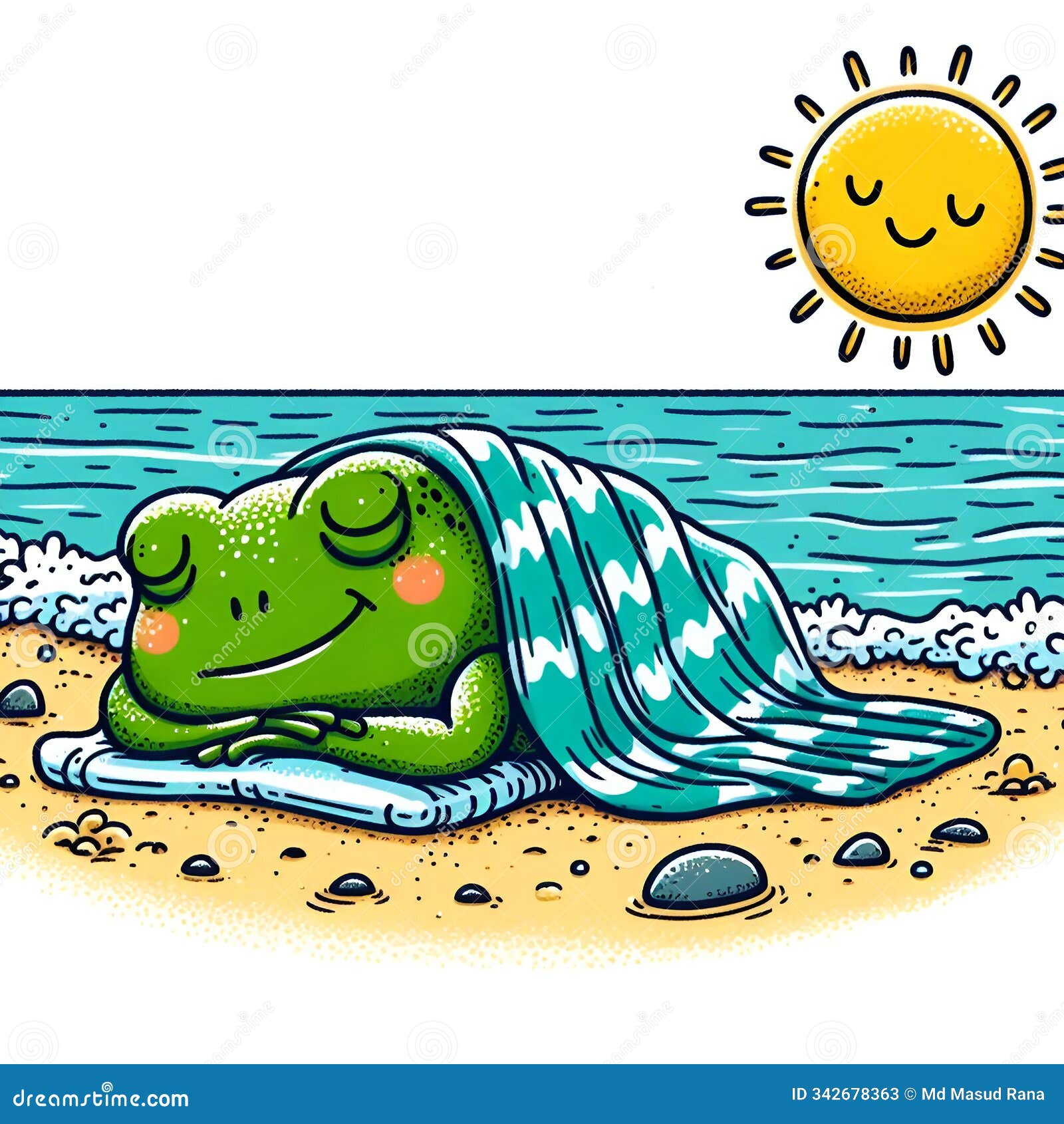 Funny Frog Sleeping beside the Sea Beach on the White Background Stock ...