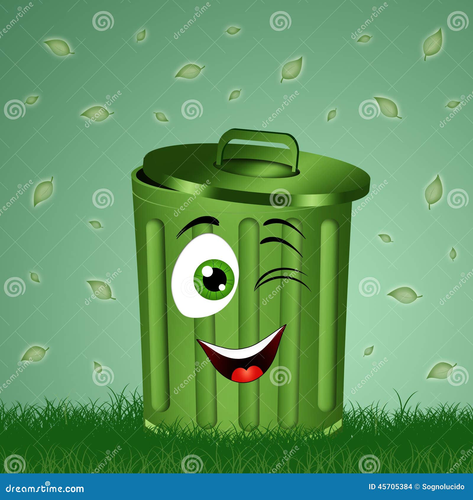 Funny Garbage Bin in the Grass Stock Illustration - Illustration of ...