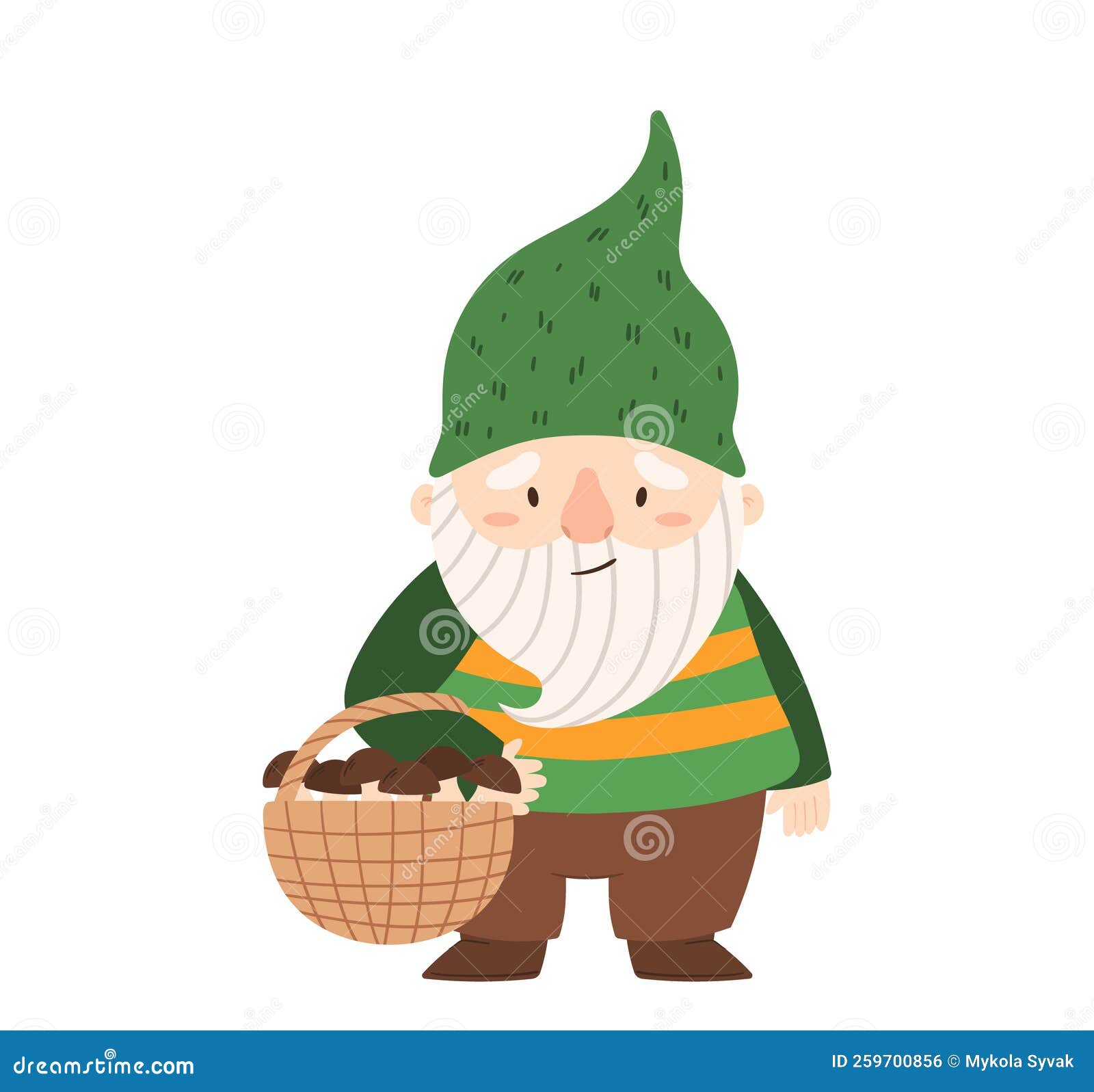 Funny Garden Dwarf Holding Basket With Mushrooms Hands Fairy Tale